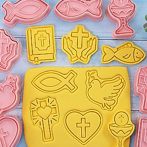 Kumprohu Christian Cookie Cutters,First Communion Christening Biscuit Molds - Chalice, Jesus Fish, Holy Cross, , Fancy Cross Biscuit Cutters for First Communion