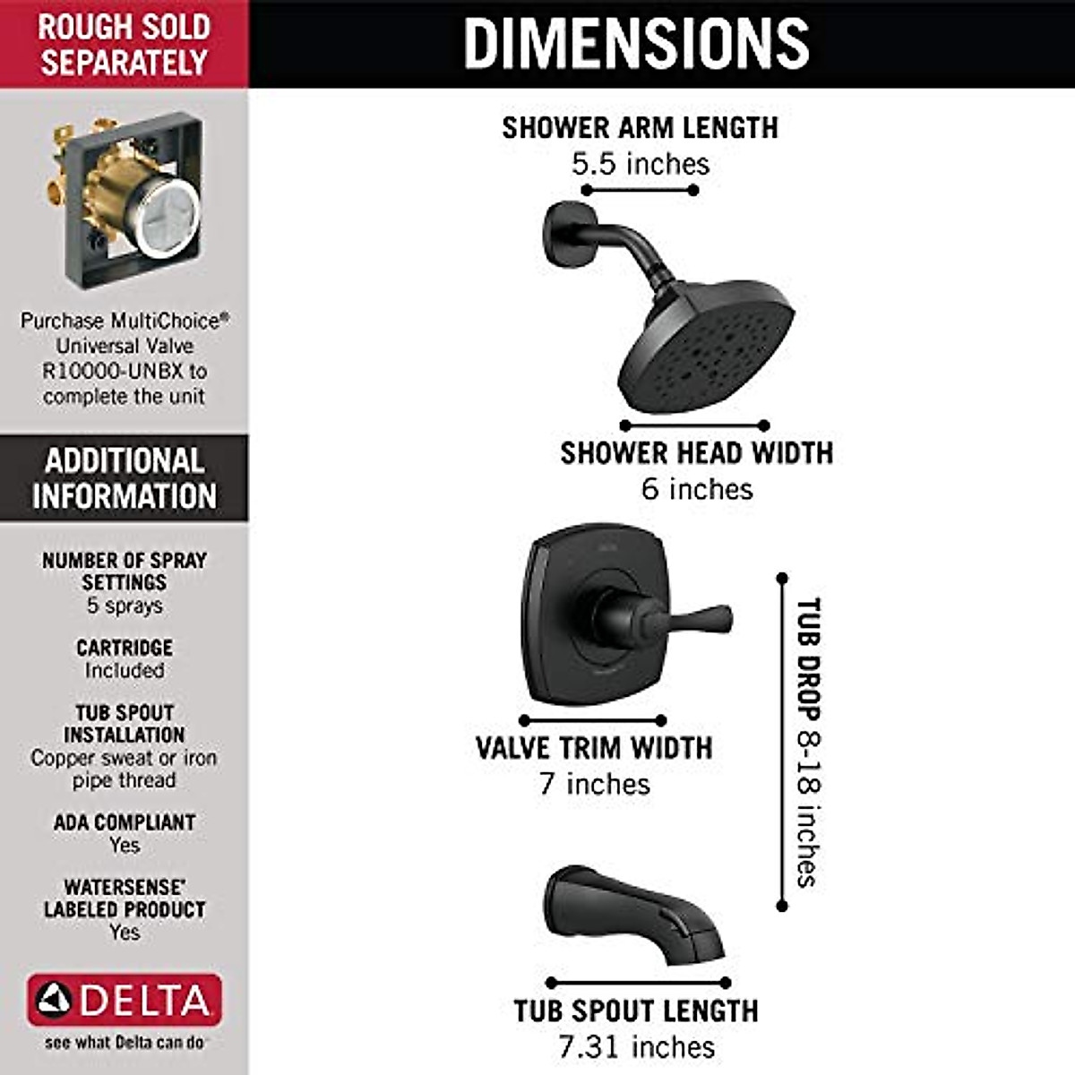 Delta Faucet Stryke 14 Series Single-Function Tub and Shower Trim Kit, Shower Faucet, Single-Spray H2Okinetic Shower Head, Matte Black T14476-BL (Valve Not Included)