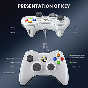 VOYEE PC Controller, Wired Controller Compatible with Microsoft Xbox 360 & Slim/PC Windows 10/8/7, with Upgraded Joystick, Double Shock | Enhanced (White)