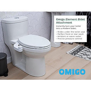 Omigo Element Bidet Attachment Non-Electric Thin Modern Design, Dedicated Rear and Front Self-Cleaning Nozzles with Pressure Control Dial (Dual Temp, White)