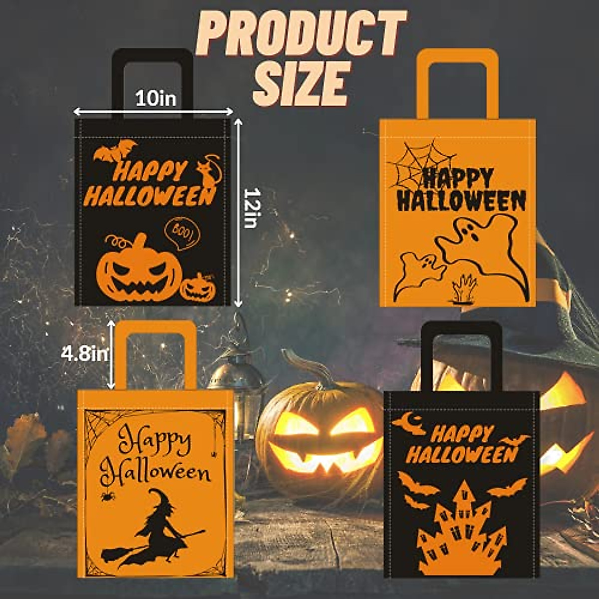 Crethinkaty 12 Packs Halloween Trick or Treat Non-woven Tote Bags, Pumpkin Spider Bat Witch Haunted House Reusable Goodie Treat Bags with Handle for Halloween Party Favors for Kids - 12*10IN