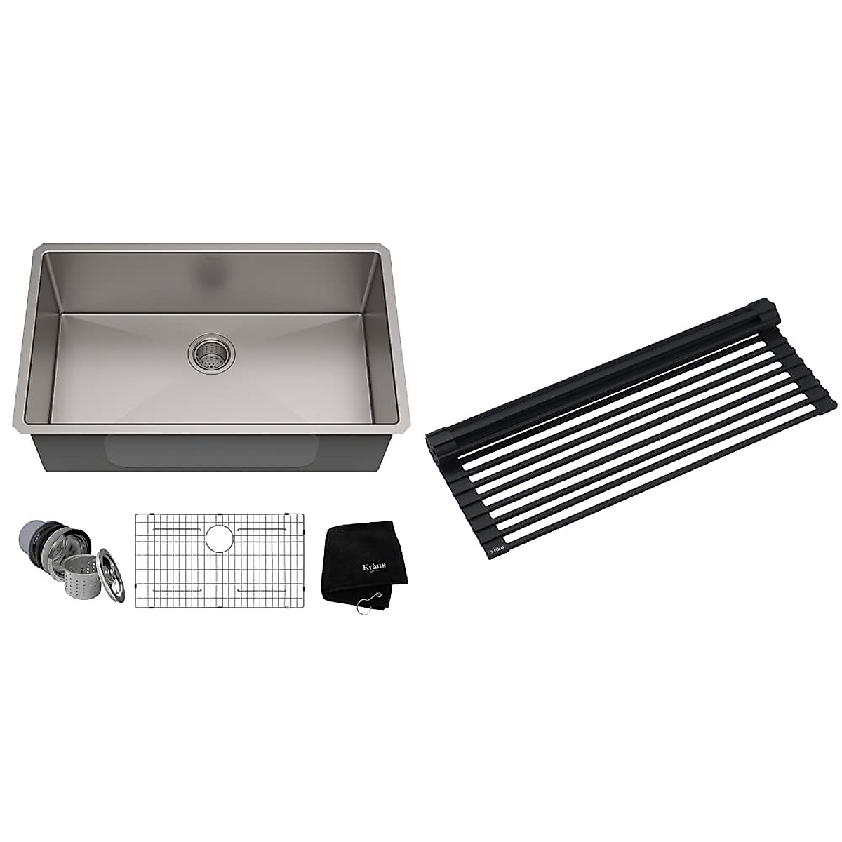 Kraus KHU100-32 Standart PRO 16 Gauge Undermount Single Bowl Stainless Steel Kitchen Sink, 32 Inch and KRAUS Multipurpose Over-Sink Roll-Up Dish Drying Rack, Colander and Trivet in Black, KRM-10BLACK