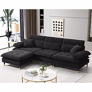 Suheww Black l Shaped Cloud Couch 3 Seater with Ottoman Set, Modern Chenille Sofa Sleeper Cloud Convertible Sectional Sofa, Comfy Cloud Couch l-Shape Extra Deep Seat Sofa Couch for Living Room