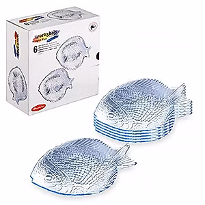 Pasabahce Marine 6 pc Set Crystal Clear Glass Fish Shaped Platter Snack Dish