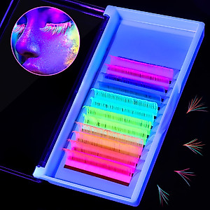 Halloween Neon Color Eyelash Extensions Halloween Party Makeup Eyelashes UV Curl Mix Colored Lash Extension Glow in The Dark Lash Extensions, Mix Color (Multicolored,15-20 mm)