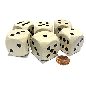 Koplow Games Set of 6 D6 Large Jumbo 30mm Rounded Wood Dice - Wooden with Black Pips