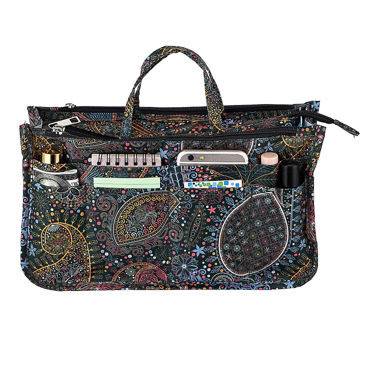 BTSKY Printing Handbag Organizers Inside Purse Insert - High Capacity 13 Pockets Bag Tote Organizer with Handle (Green Lotus)