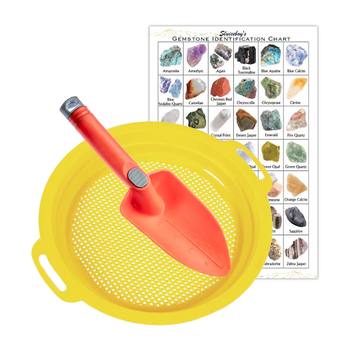 Sluiceboy Prospecting Sand Sieve Kit | Gemstone I.D. Chart | 10" Plastic Sieve | Hand Shovel | Stone Rock Material Classifier Sifter