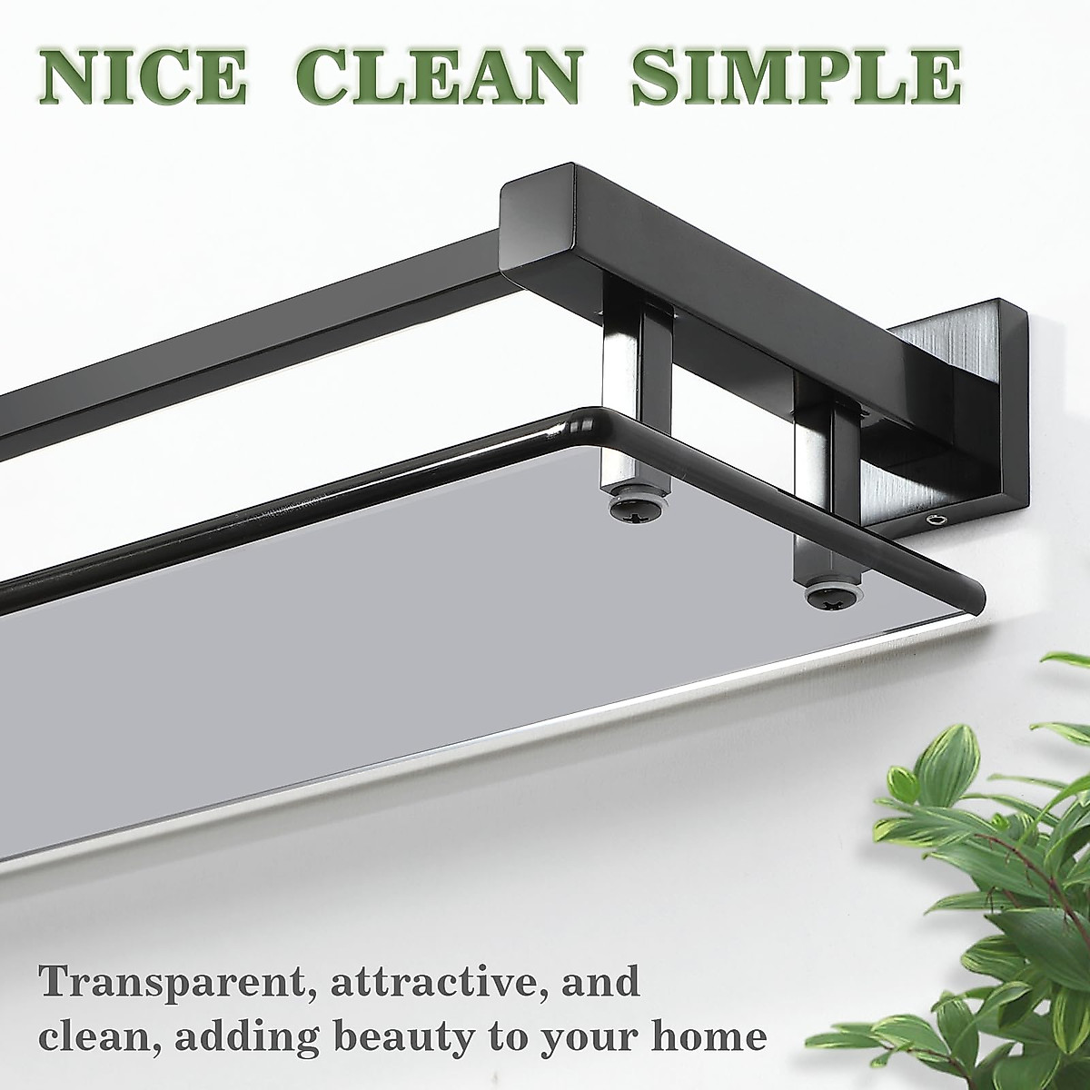 Alise Glass Bathroom Shelf, Matte Black Tempered Glass Shelves for Bathroom, Stainless Steel Modern Bathroom Floating Shelves Wall Mounted, 16 inch