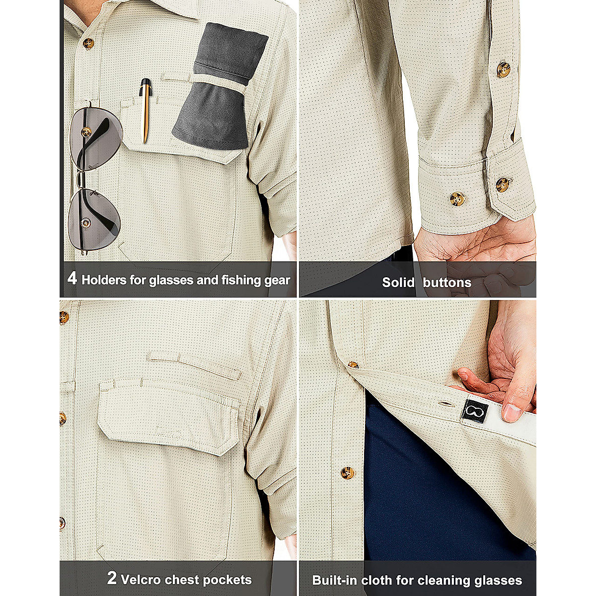 33,000ft Men's Long Sleeve Sun Protection Shirt UPF 50+ UV Quick Dry Cooling Fishing Shirts for Travel Safari Camping Hiking Khaki