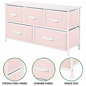 mDesign Wide Steel Frame/Wood Top Storage Dresser Furniture with 5 Fabric Drawers, Large Bureau Organizer for Baby, Kid, and Teen Bedroom, Nursery, Playroom, Dorm - Jane Collection, Pink/White, Pack of 1