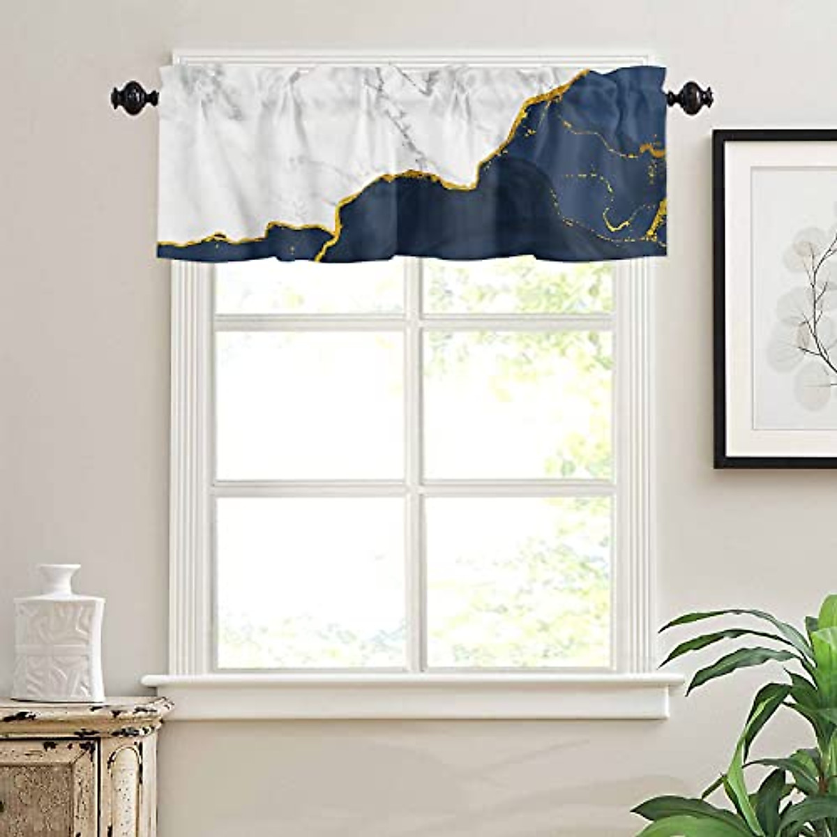Vograud Valances for Windows, Abstract White and Navy Blue Marble with Gold Line Rod Pocket Kitchen Curtains Valances, Short Window Valances for Living Room Bathroom 42” x 18”