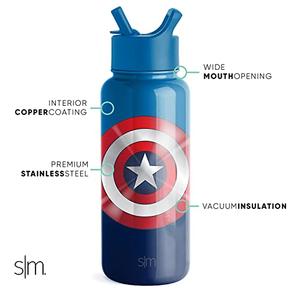 Simple Modern Marvel Water Bottle with Straw Lid Vacuum Insulated Stainless Steel Metal Thermos | Gifts for Women Men Reusable Leak Proof Flask | Summit Collection | 32oz Captain America Shield