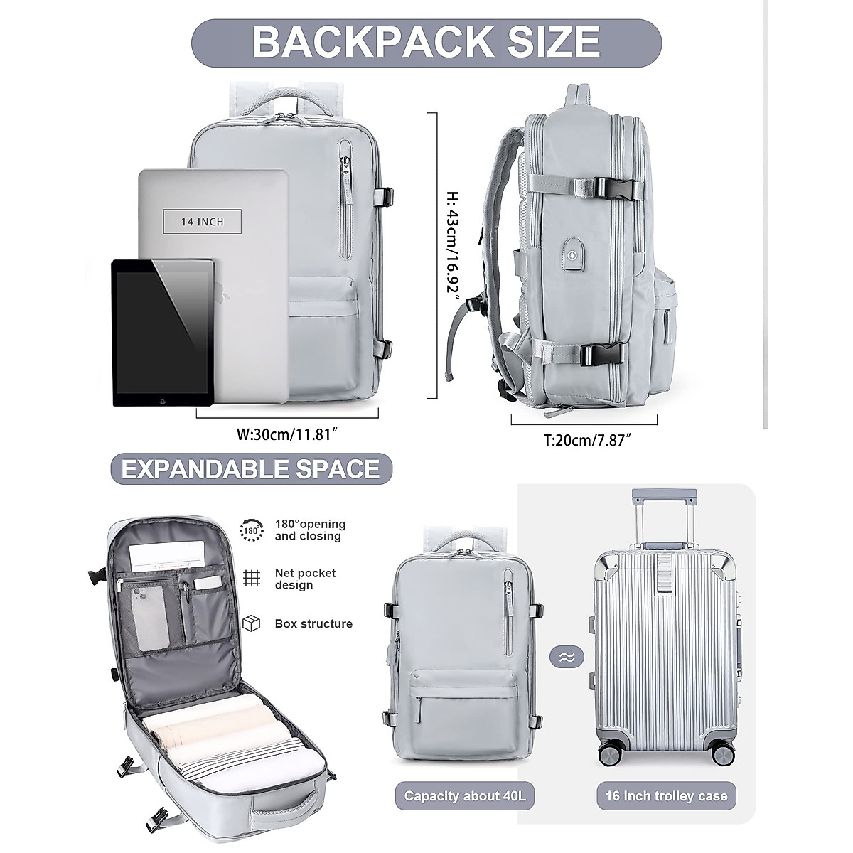 Carry On Backpack for Women, Airline Approved Personal Item Large Travel Backpack Flight Approved, Waterproof Laptop Bag Business Work Gym Backpacks Men Grey Mochila De Viaje