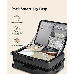 LUGGEX Black PC Luggage Sets 2 Pieces, 20 Inch Carry On Luggage with USB Port and 26 Inch Checked Suitcase with Front Opening, Only 26" Expandable