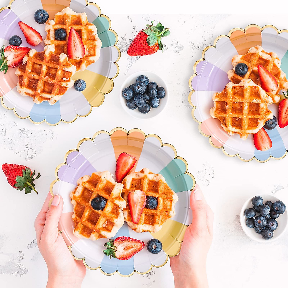 Confettiville Party Paper Plates, 50-Pack, Disposable Paper Plates, Gold Foil Scalloped Edge, Striped Pastel, 9-Inch