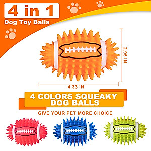 GHOBROFY 4.3” Dog Squeaky Football Toys 4 Pack, Interactive and Durable Spiky Dog Balls for Medium Large Dogs with Rugby Shape, Built-in Squeaker for Teeth Cleaning and Training
