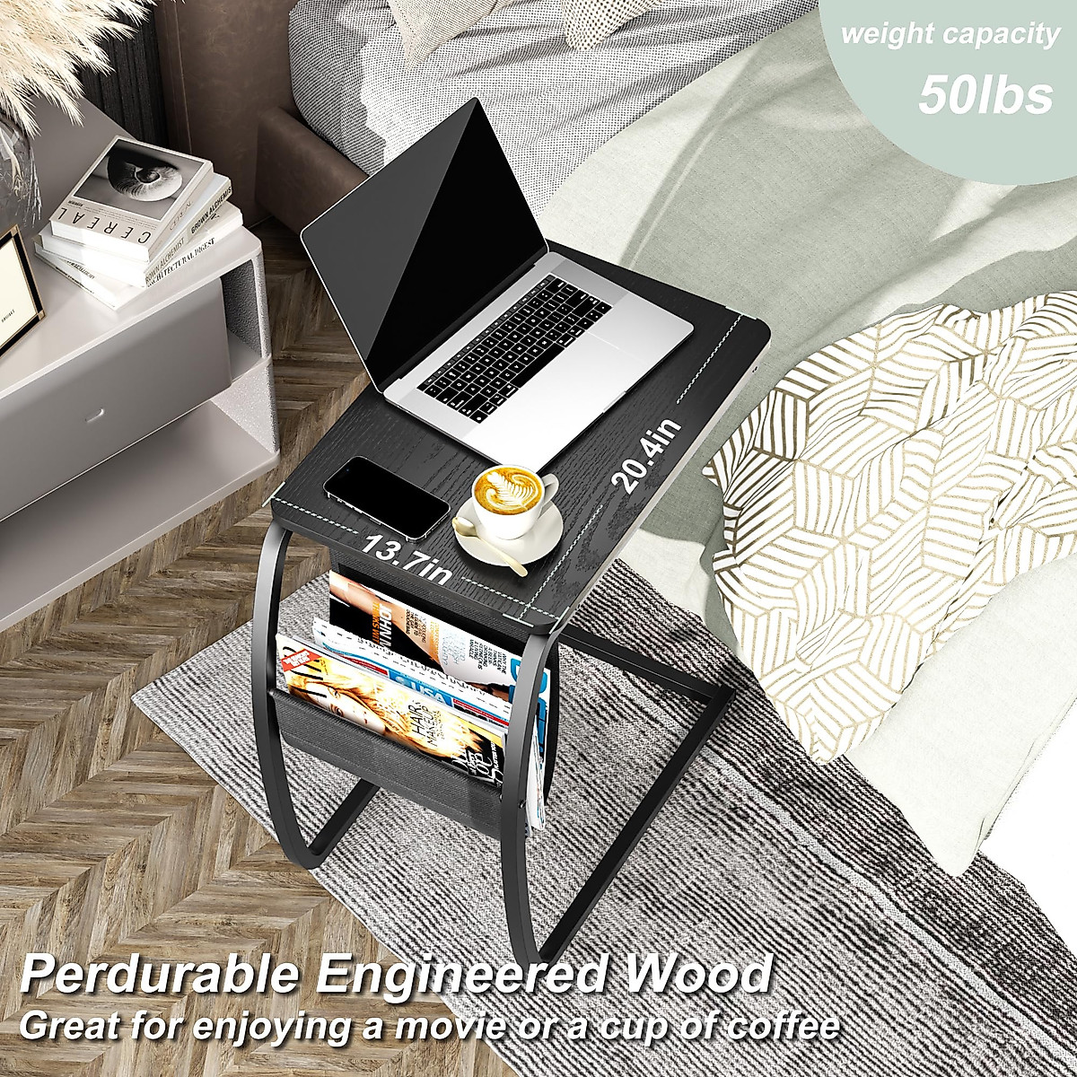 SRIWATANA Side End Tables Living Room, Vintage C-Shaped Laptop Table for Couch, Snack Table with Side Pocket, Black