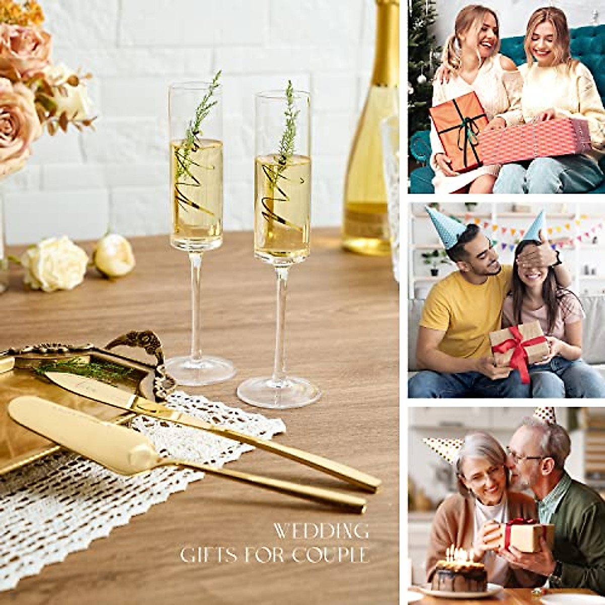 AW BRIDAL Champagne Glasses Engraved Mr & Mrs Gold Cake Cutting Set for Wedding Bridal Toasting Champagne Flutes, Wedding Gifts for Couple Cake Knife and Server Set for Anniversary Engagement Gifts