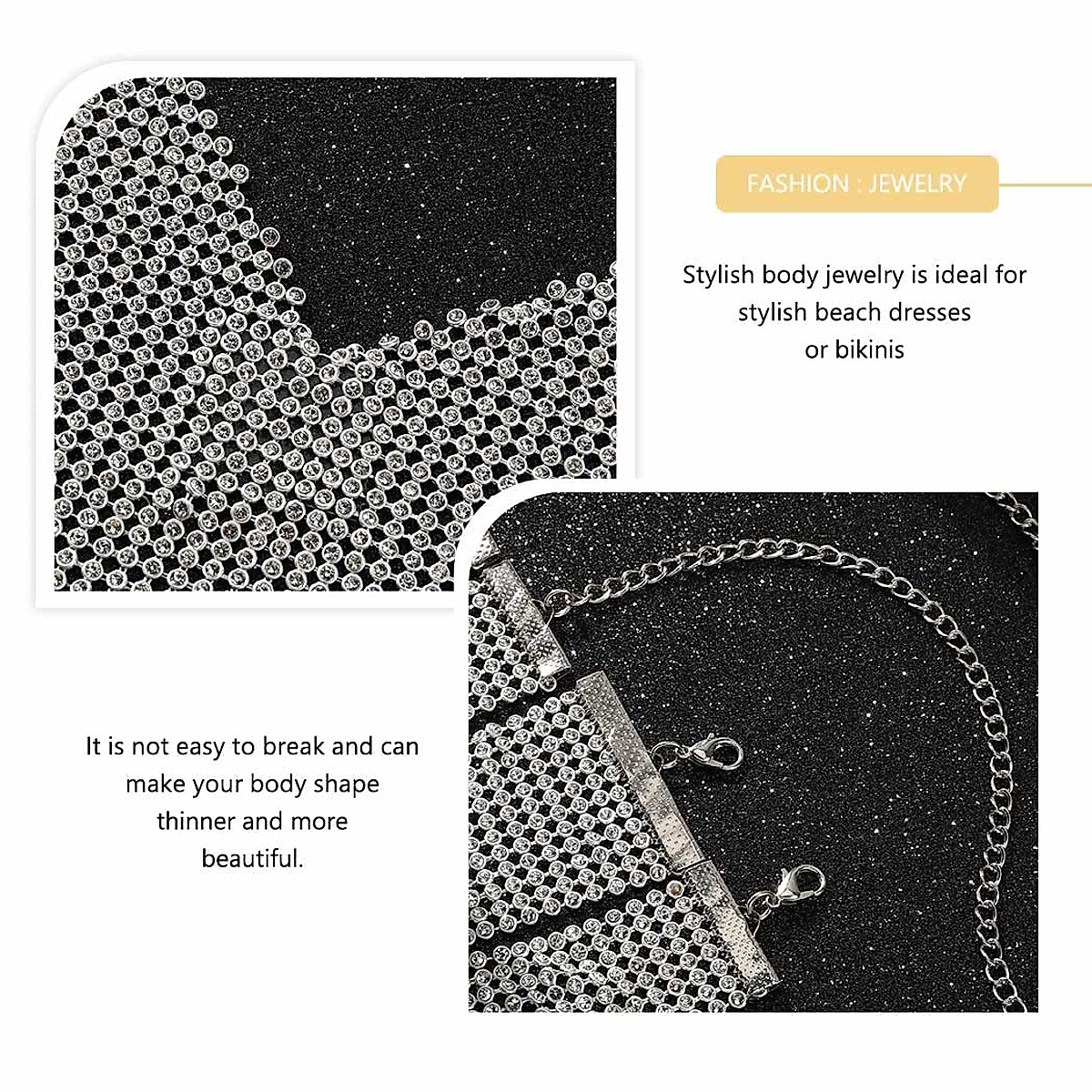 Ludress Rhinestone Body Chain Silver Chest Chain Party Body Jewelry Sparkly Halter Bra Chain Club Belly Accessories for Women and Girls