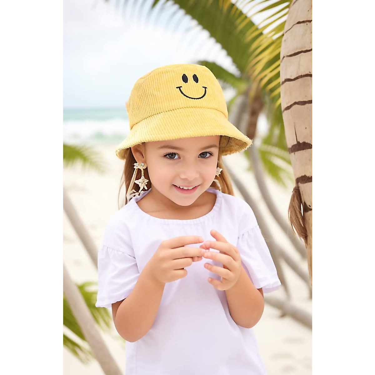 Kids Sun Hat Toddler Bucket Hat UPF 50+ Sun Protection Embroidered Corduroy Outdoor Hat Fishing Cap for 3-10 Years (One Size, Yellow)