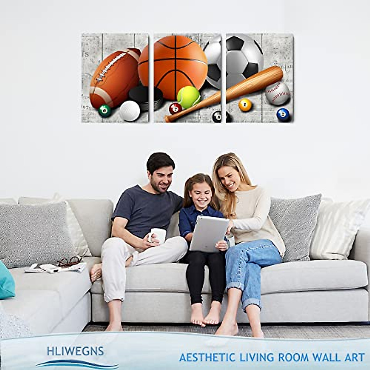 HLiWEGNS Kids Room Decor, Aesthetic Sports Canvas Wall Art for Boys Bedroom, Basketball Football Baseball Painting Poster Toddler Playroom Balls Picture Sets Teens Men Gift for Office Living Room