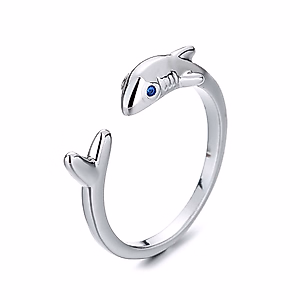 Cute Shark Open Rings Sea Animal Fish Blue Cubic Zirconia Eye for Women Men Sterling Silver Plated Expandable Adjustable Wrap Stackable Finger Knuckle Ring Fashion Christmas Birthday Dainty Jewelry Gifts Bff