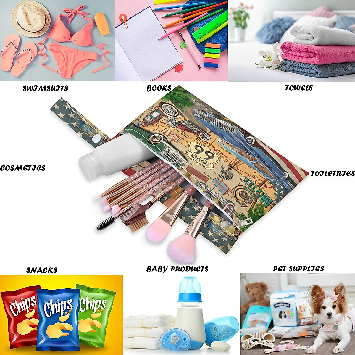 visesunny 2Pcs Wet Bag with Zippered Pockets Vintage Route 66 Pattern Washable Reusable Roomy for Travel,Beach,Pool,Daycare,Stroller,Diapers,Dirty Gym Clothes, Wet Swimsuits, Toiletries