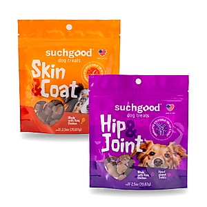 SuchGood Hip and Joint + Skin and Coat Dog Treats - Support Chews for All Breed Sizes and Ages, Glucosamine and Chondroitin + Salmon and Flaxseed Oil (Chicken Flavor, 2 Packs)