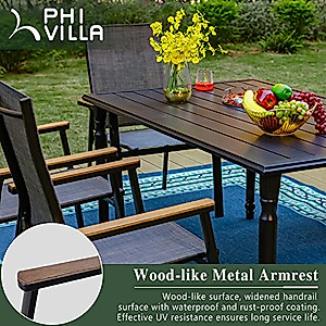 PHI VILLA Patio Stackable Dining Chairs, Lightweight Aluminum Outdoor Sling Chairs with Extra Wide Seat & Wood-Like Armrest, Stackable Space Saving Garden Lawn Chairs for All Weather, Set of 2