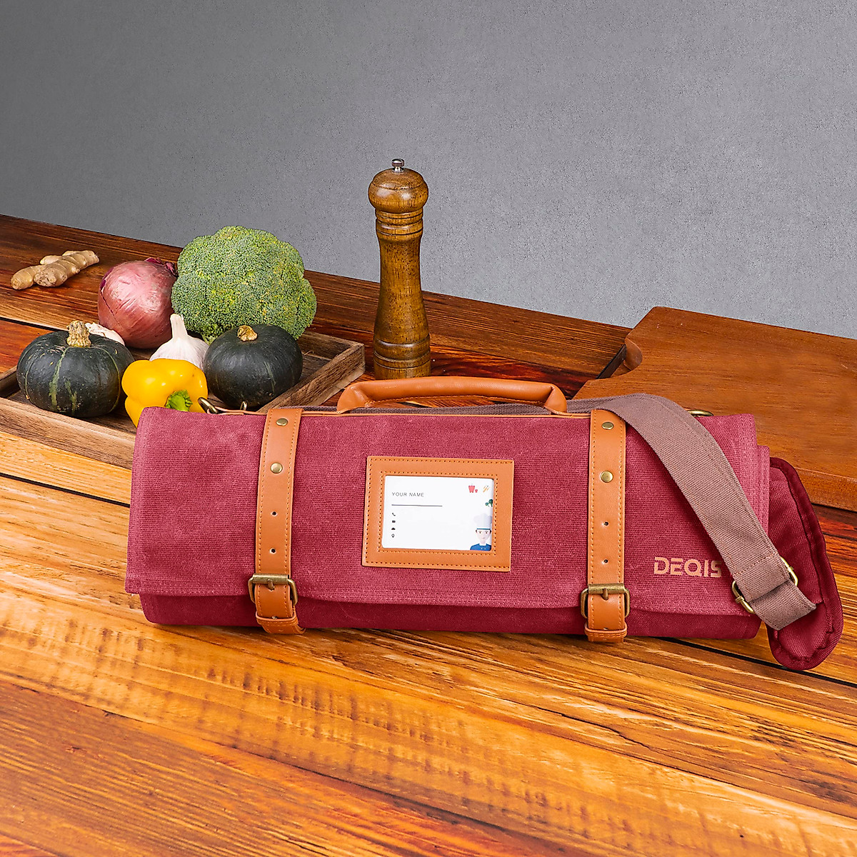 DEQIS Knife Roll Chef Waxed Canvas Bag Storage 13 Slots and 1 Large Zipper Pocket Carry Shoulder Strap Handle and Name Card Professional Folding Cooking Tools Case Organizer,Knives Not Included,Red
