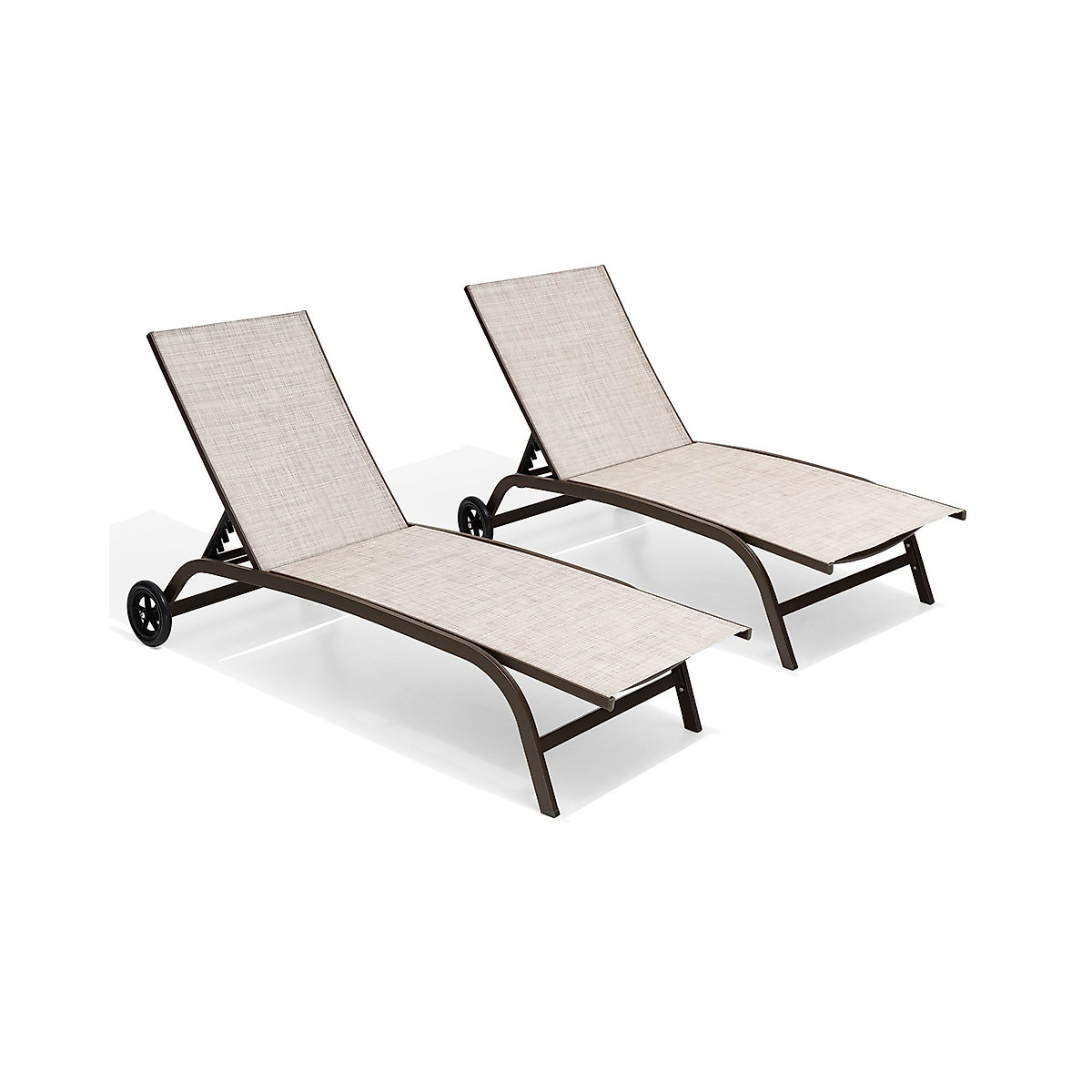 Crestlive Products Aluminum Chaise Lounge Chairs with Wheels Outdoor Adjustable Recliner Five-Position and Full Flat All Weather for Patio, Beach, Yard, Pool (2PCS Beige)