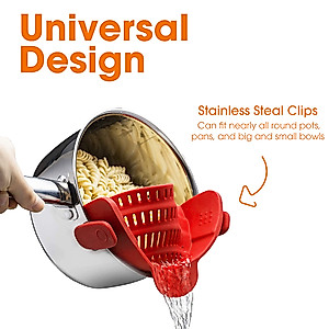 Cheer Collection Silicone Clip on Pot Strainer, Heat-resistant Snap-On Strainer for Pasta, Noodles, Rice, Meats and Vegetables, Red