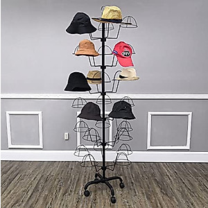 FixtureDisplays 6-Tier Hat Display Rack Free Standing Headwear Wig Rack Metal Floor Rack for Caps, Fits 30 Hats, 22" X 22" X 66" 18164-BLACK