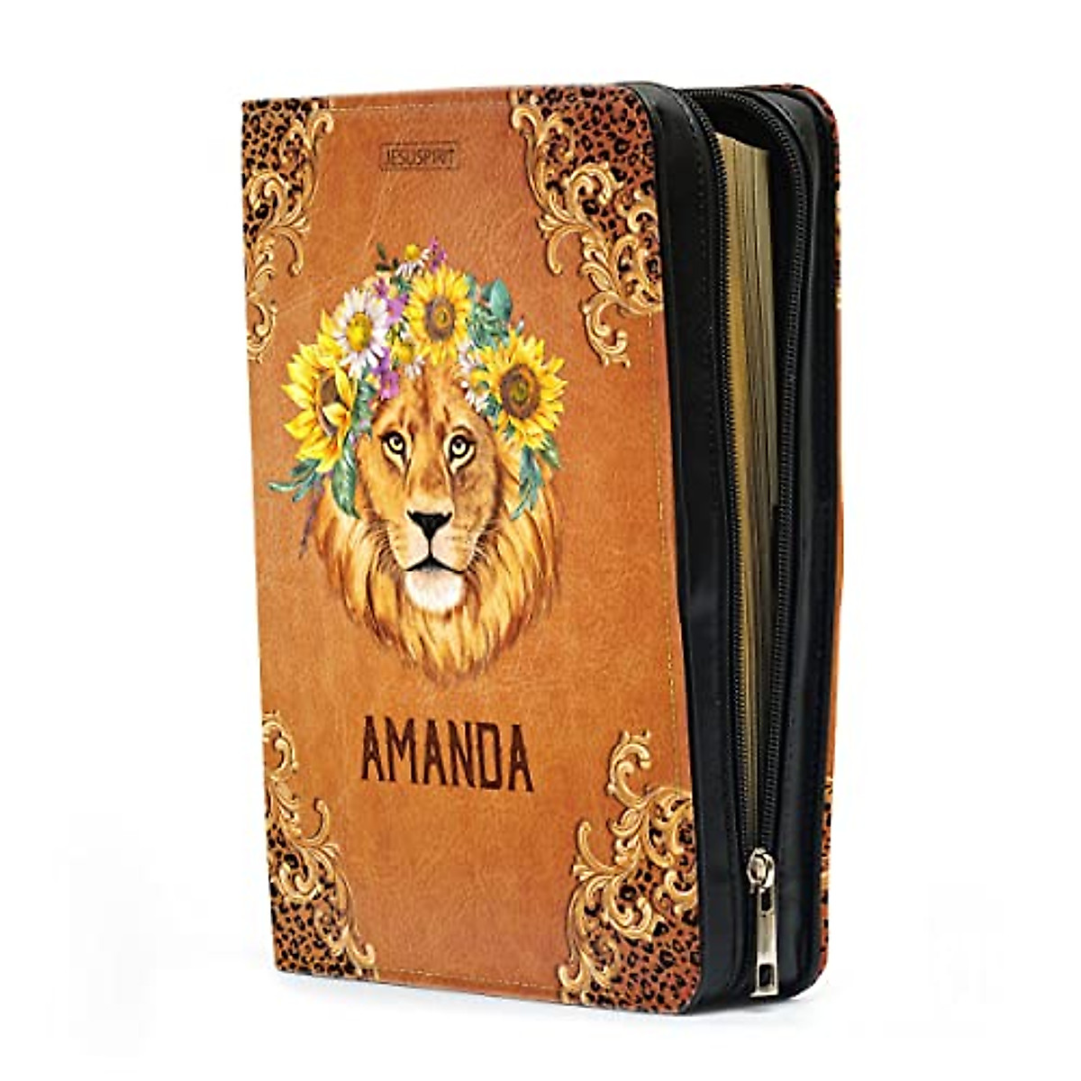 Jesuspirit Personalized Zippered Bible Cover with Handle Large Size - Lion & Sunflower Customized Leather Bible Case - God is Within Her, She Will Not Fall - Psalm 46:5 - Ideal Gift for Church Ladies