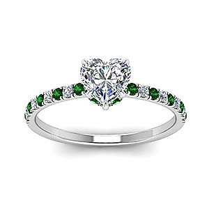 JewelryGift Hidden Halo Petite Diamond Ring 925 Sterling Silver Created Emerald Heart Shape Green Color Halo Engagement Rings Prong Setting in Size 11