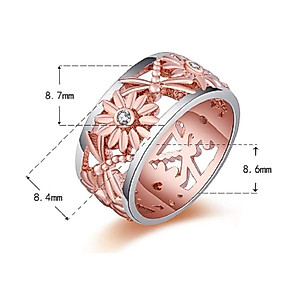 ZDIFDIC Elegant Rose Gold Silver Ring Sunflower Dragonfly Daisy Hollow Two-Tone Shiny Cubic Zirconia Sun Flower Ring Women Wedding Engagement Jewelry Gift Comfort Band (9#)