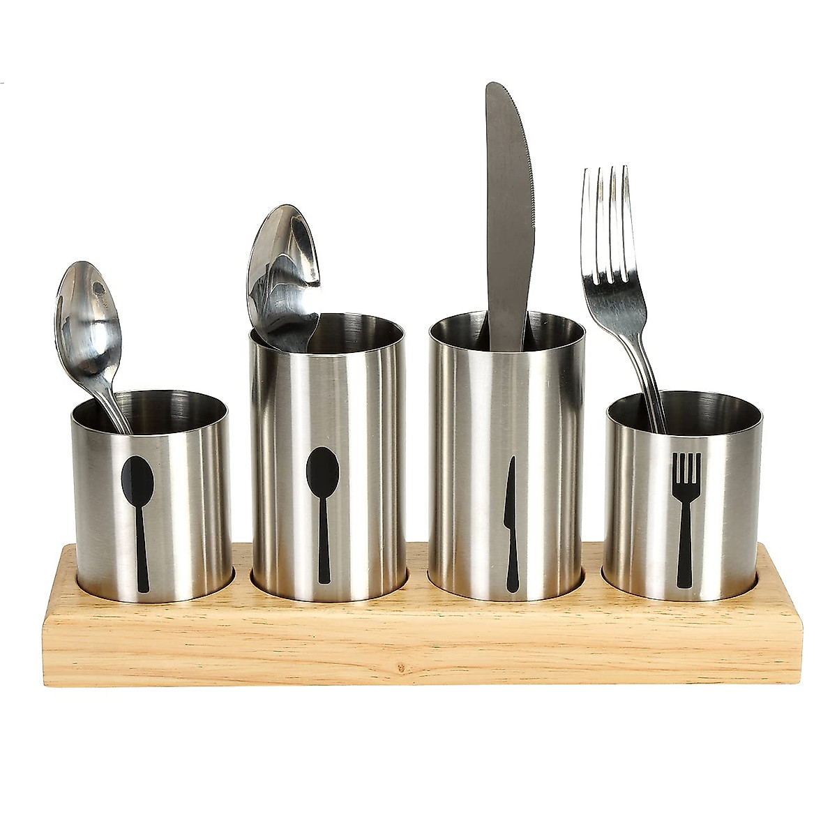 ZOOFOX 4 Pack Silverware Holder, Stainless Steel Utensil Organizer with Bamboo Base for Forks, Knives and Spoons, Perfect for Kitchen Table, Cabinet, Pantry ( Nature )