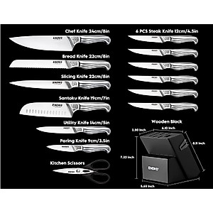 enowo Kitchen Knife Set with Block, 14 Pieces German Stainless Steel Knife Block Set, Hollow Handle Chef Knife Set Built-in Sharpeners Right