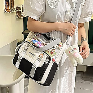 Aesthetic Messenger Bag with Stuffed Pendant and Pins Kawaii Crossbody School Hobo Bag for Women Girls (B-1-Black)