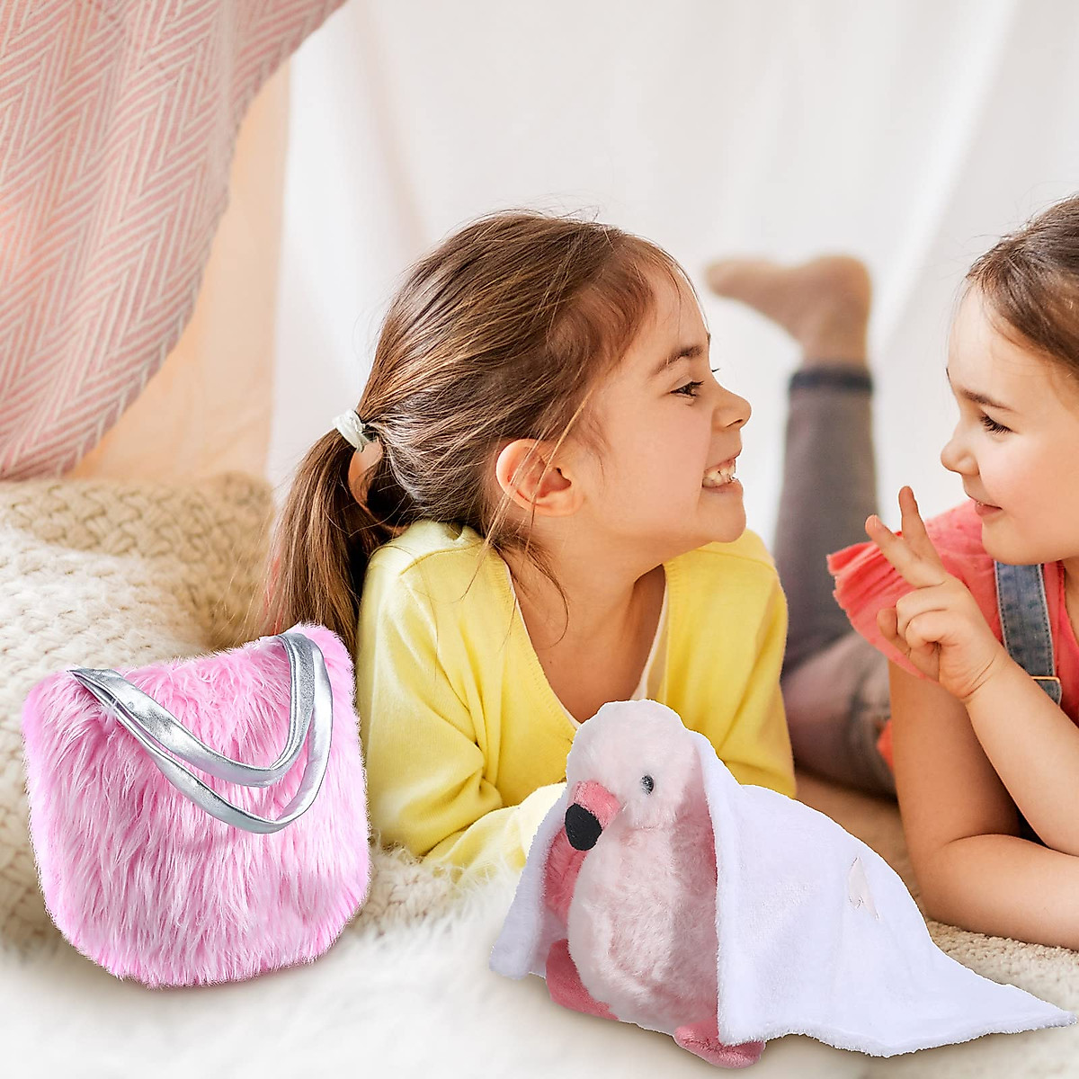 Kathfly 4 Pcs Pink Stuffed Flamingo Toy for Women Girls Gifts Mommy and Baby Flamingo Toy, Furry Bag and Doll Blanket, Cute Plush Flamingo Animal Set for Little Girl Birthday Party Favors