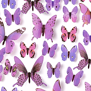 48 PCS Removable 3D Butterfly Wall Stickers Decals DIY Wall Art Decor Home Wall Decoration Sticker Mural for Kids Girls Children Bedroom Living Room Background Nursery (Purple)