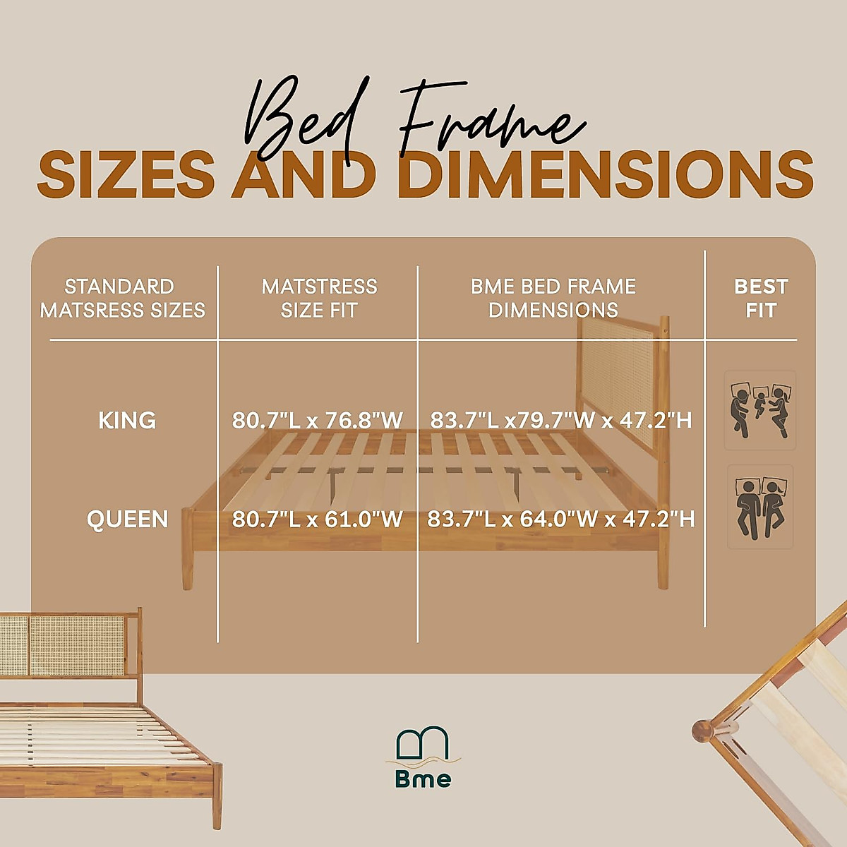 Bme Oliver King Bed Frame and Headboard - 15-Inch Signature Design with Rattan Headboard, Bohemian and Mid Century Style, 12-Slat Wood Support, No Box Spring Needed - Easy Assembly, Caramel