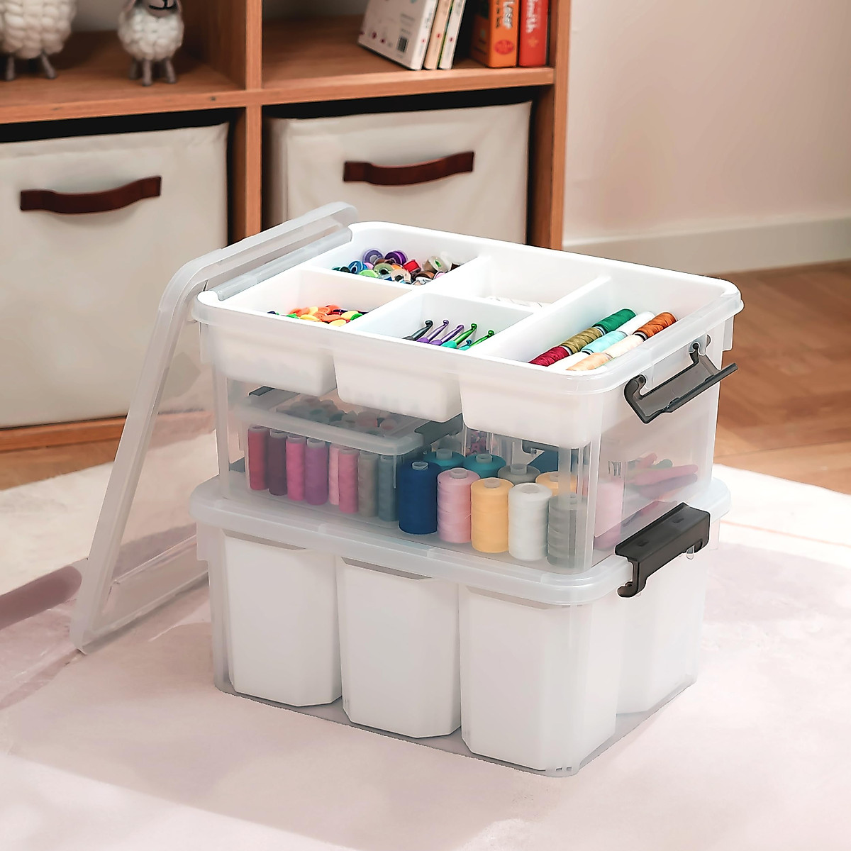 Citylife 17 QT Plastic Storage Box with Removable Tray and 6 Detachable Tall Inserts Craft Organizers and Storage Clear Storage Container for Organizing Crayon, Craft, Sewing, Playdoh