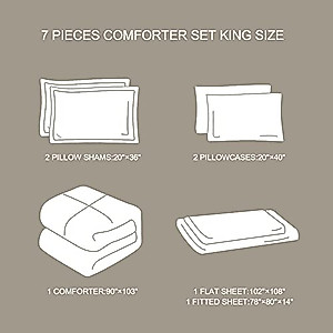 Boho Comforter Set King,7 Pieces Bed in a Bag White Grey Comforter Geometric Bohemian Bedding Set with Pillowcases Soft Microfiber Comforter and Sheet Set King Size