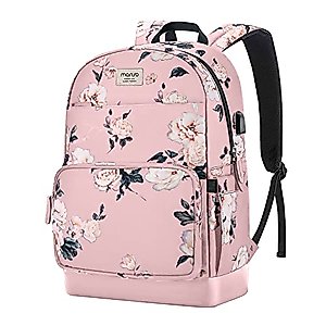 MOSISO 15.6-16 inch Laptop Backpack for Women, Polyester Anti-Theft Stylish Casual Daypack Bag with Luggage Strap & USB Charging Port, Camellia Travel Backpack, Pink