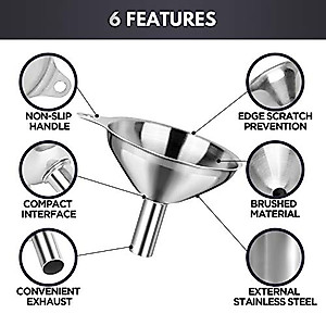 Kitchen Funnels for Filling Bottles, YGDZ 3pcs Small/Medium/Large Food Grade Stainless Steel Metal Kitchen Funnels Set for Essential Oil Spices Liquid, 2pcs Cleaning Brushes