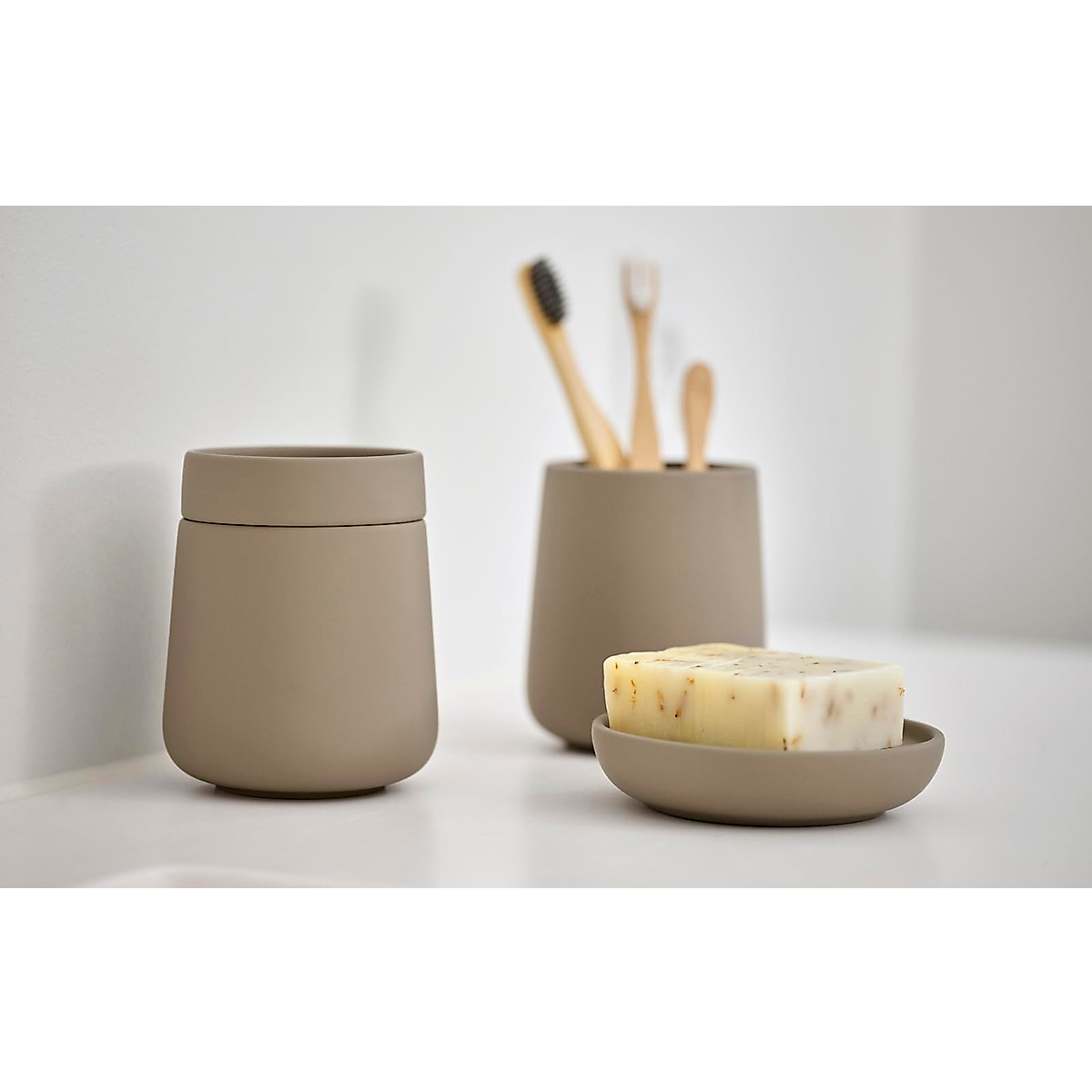 Zone Denmark Nova One Ceramic Storage Box with Lid for Bathroom Utensils such as Cotton Pads & Cotton Buds Diameter 3.3", Height 3.39", Capacity 290 ml,Taupe