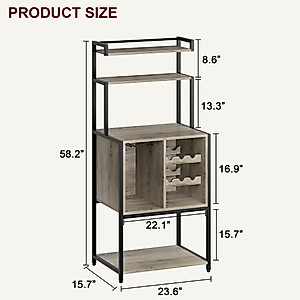 IDEALHOUSE Wine Bar Rack Cabinet, Freestanding Wine Cabinet with Glass Rack Wine Bottle Holders, Industrial Bakers Rack, Tall Liquor Cabinet with Storage for Kitchen Living Dining Room, Rustic Gray