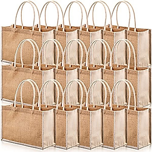 16 Pack Jute Tote Gift Bags Natural Jute Grocery Shopping Bags Burlap Beach Bags with Cotton Handles Reusable Burlap Totes for Christmas Bridesmaid Wedding Bachelorette Gift Shopping Travel Beach DIY